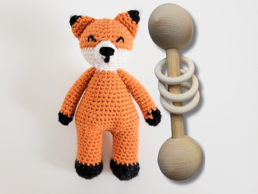 Crochet Fox Rattle & Wooden Rattle, Montessori Baby Toys - Baby Shower ...