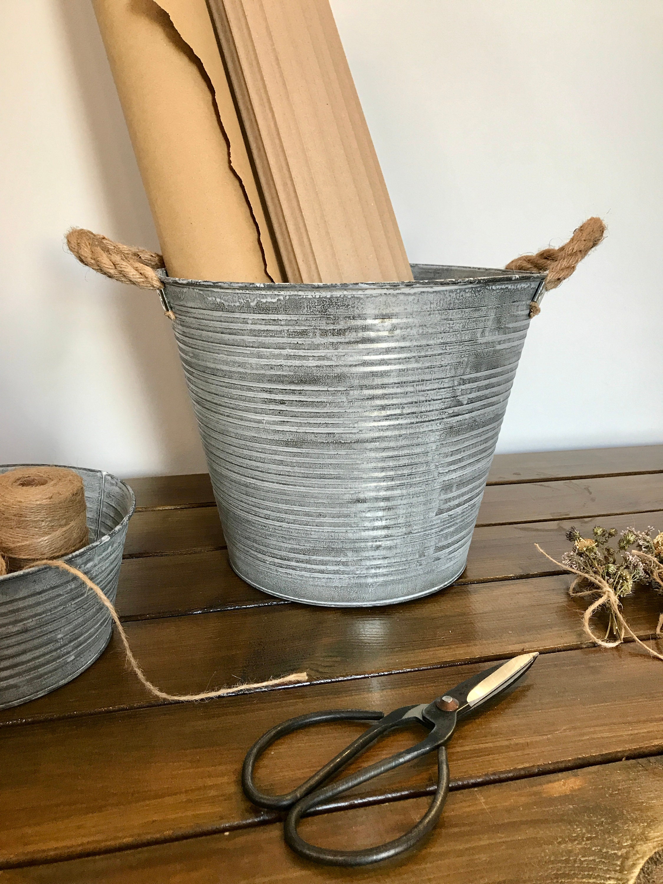 Large Rustic Ribbed Zinc Storage Bucket / Pot or Planter With - Etsy
