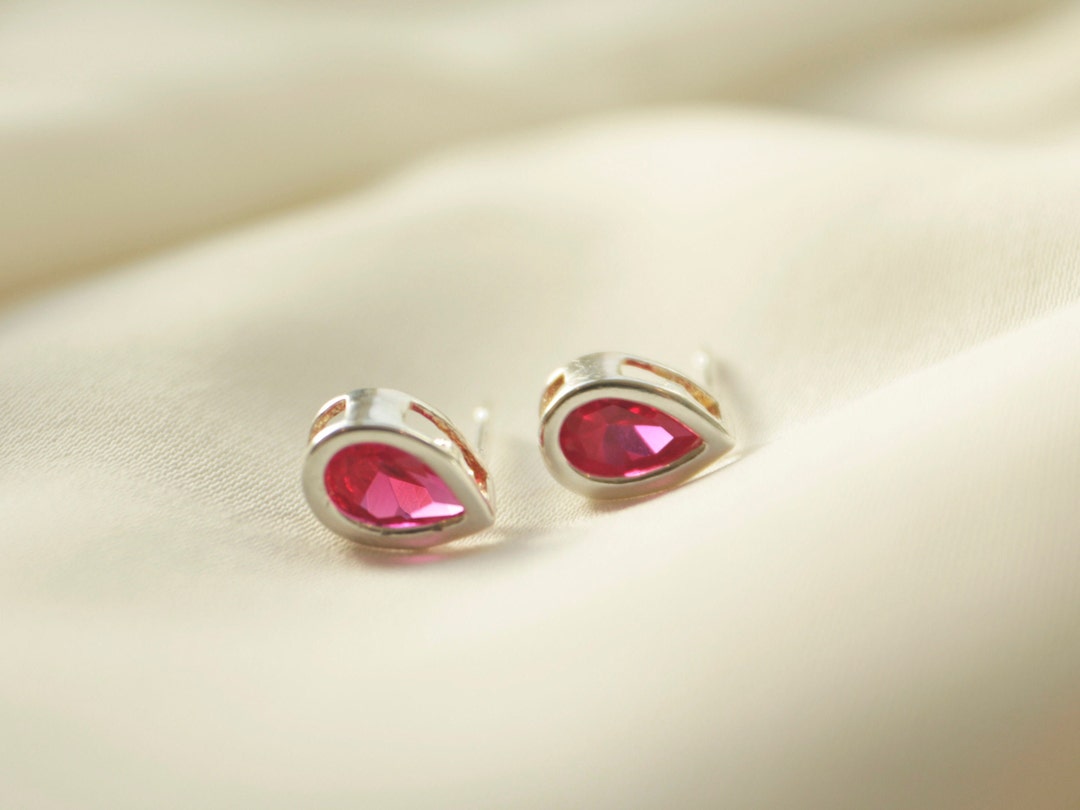 Lab Created Ruby Pear-shaped Studs Set in Sterling Silver Bezels | Ruby ...