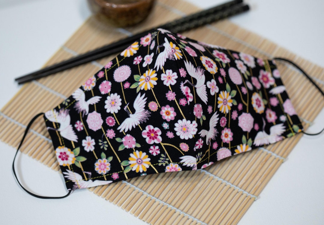 Asian Oriental Cranes on Pinwheel Stripe Floral Face Mask (black Pink ...