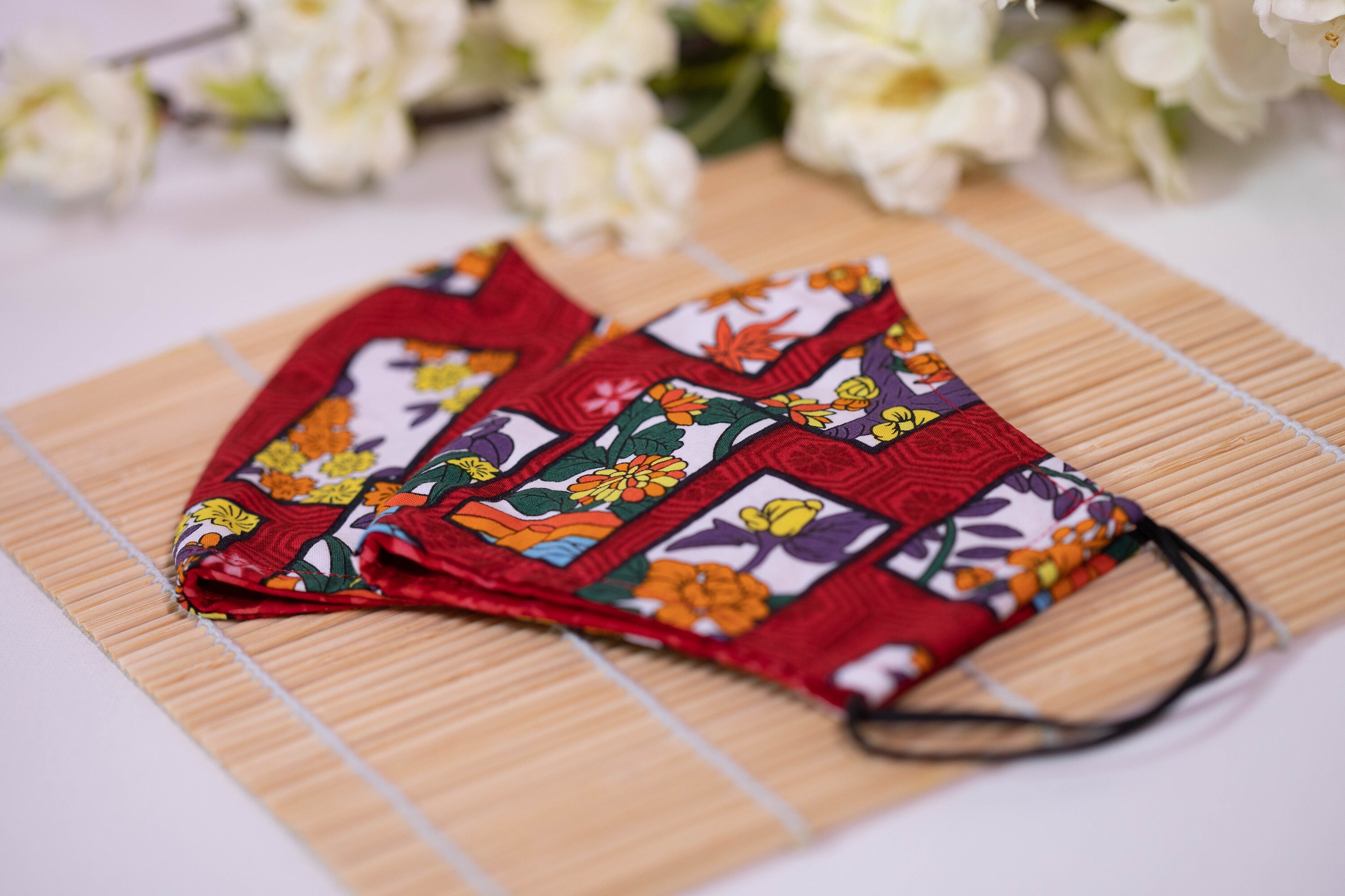 Asian Oriental Hanafuda Cards Face Mask Red/Multi-Color 100% | Etsy