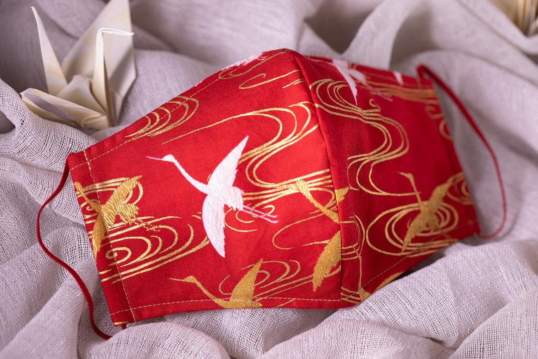 Asian Oriental Red Flight of the Cranes Face Mask (gold Metallic ...