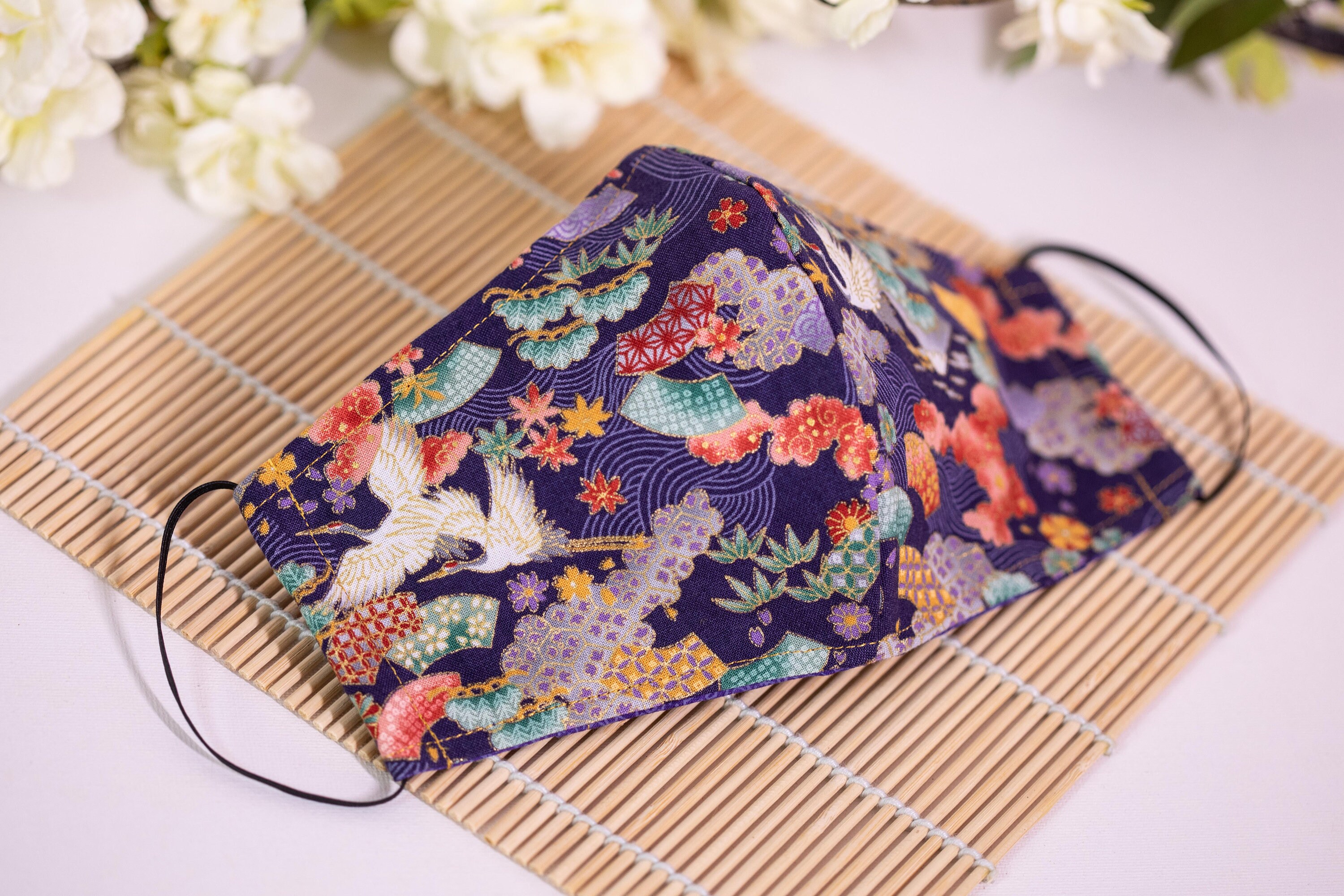 Asian Oriental Mini Cranes on Fans Cascade Face Mask | Etsy