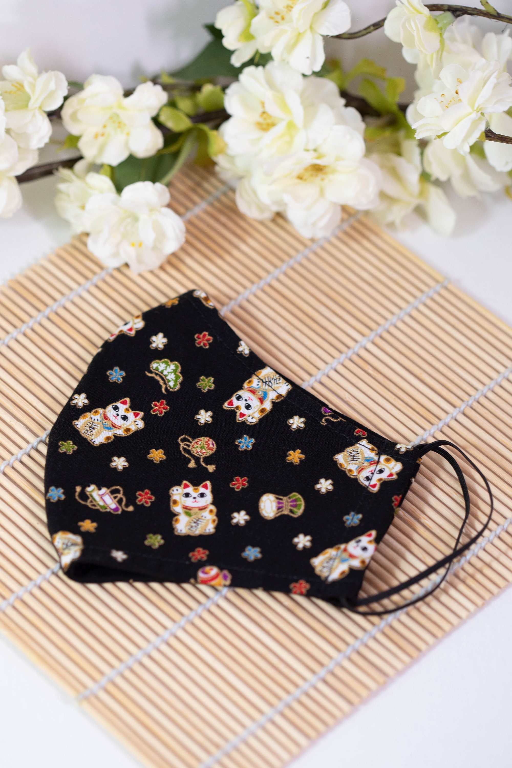 Asian Oriental Kawaii Good Luck Maneki Neko Face Mask black | Etsy