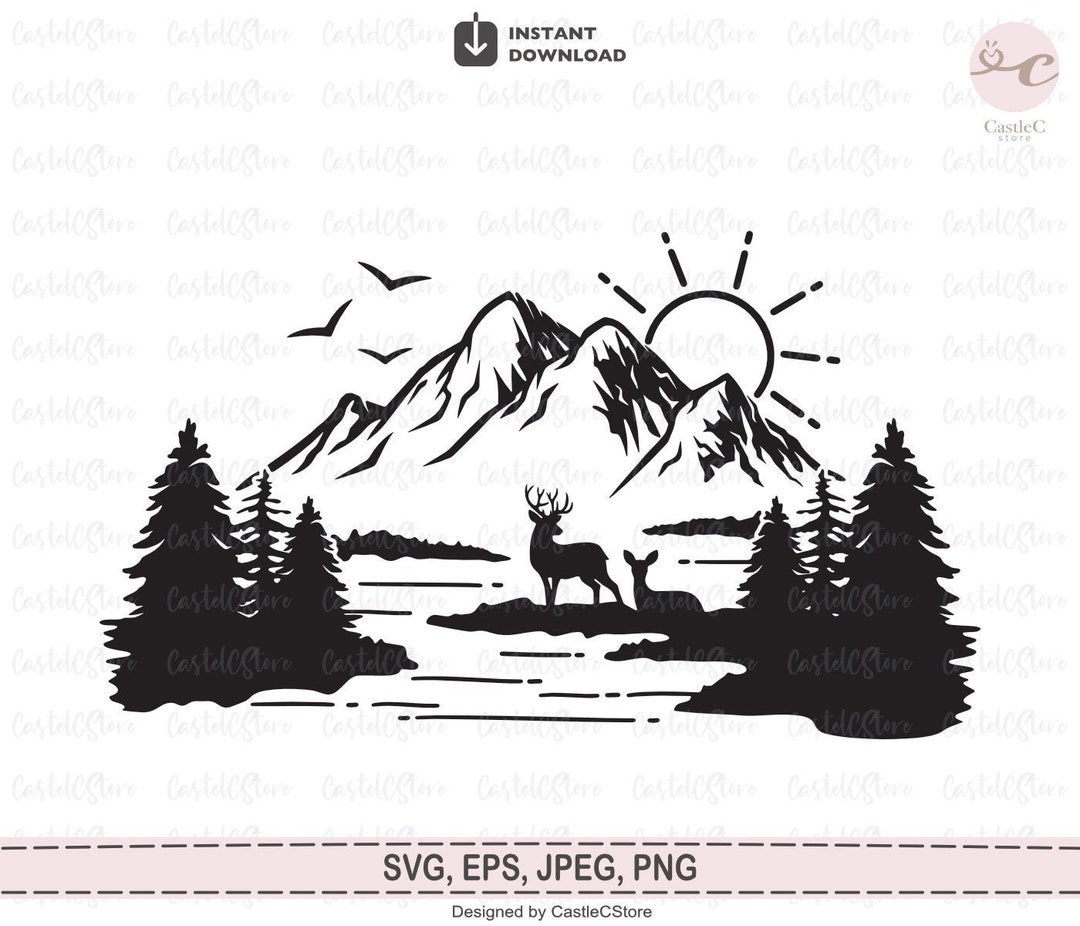 Mountain and Tree Svg, Mountain Scene Svg, Deer Svg, Sun, Forest, Deer ...