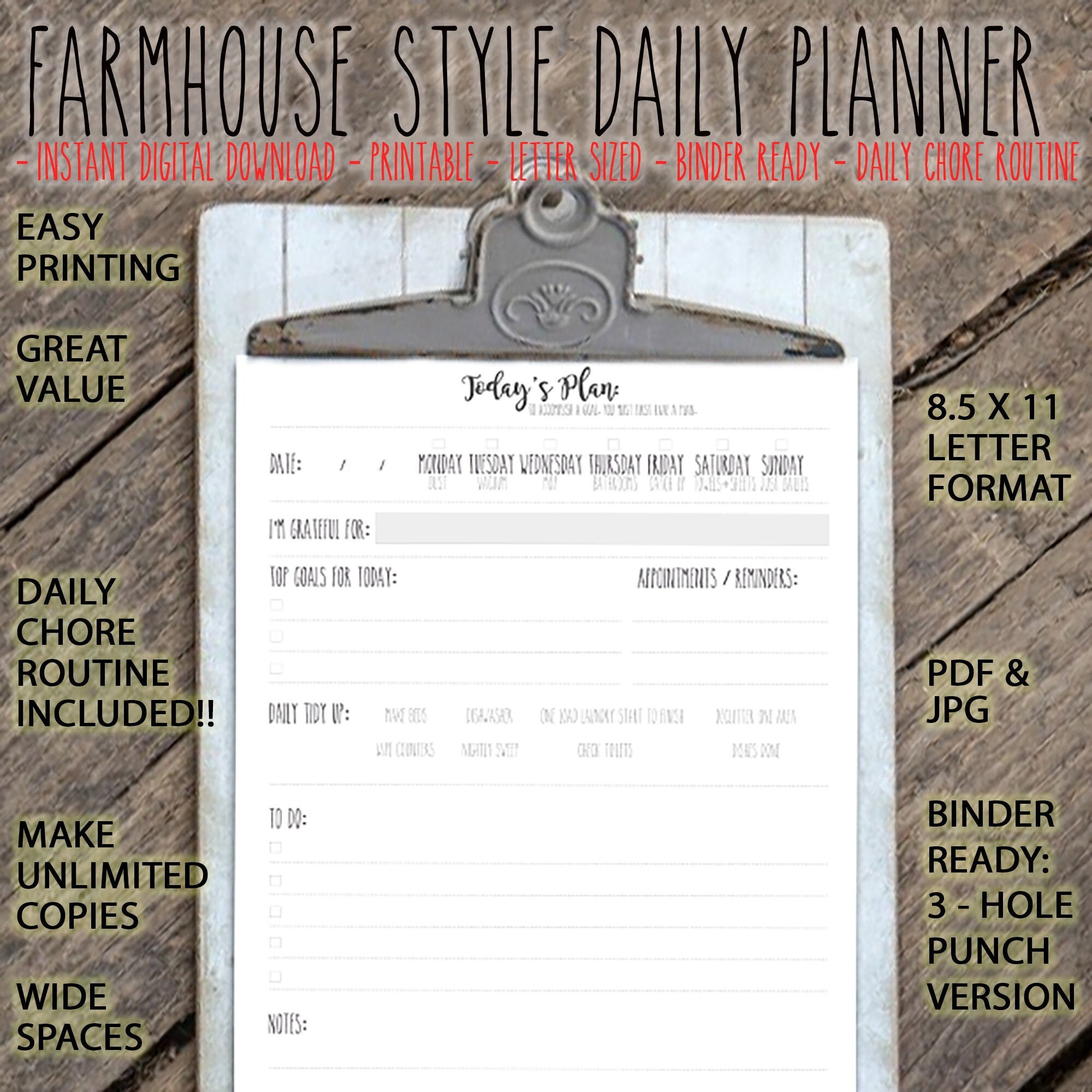 Daily Planner Printable Farmhouse Style Includes Easy Chore Routine - Etsy
