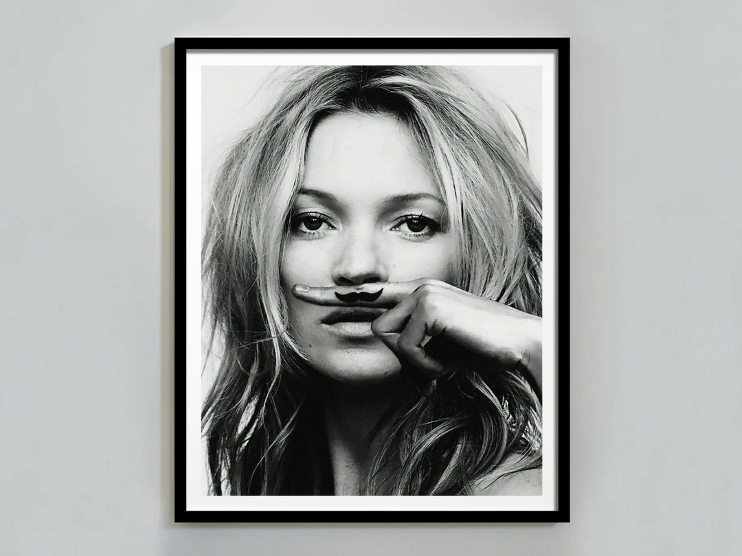 Kate Moss Moustache Print, Black and White, Vintage Poster, Teen Girl ...