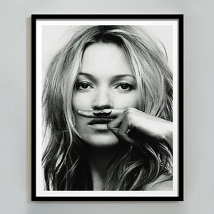 Kate Moss Moustache Print, Black and White, Vintage Poster, Teen Girl ...