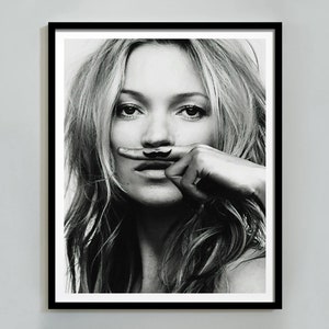 Kate Moss Moustache Print, Black and White, Vintage Poster, Teen Girl ...