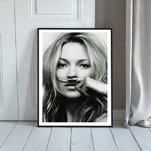 Kate Moss Moustache Print, Black and White, Vintage Poster, Teen Girl ...