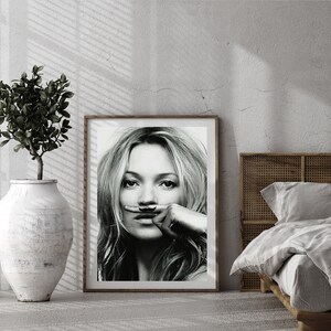 Kate Moss Moustache Print, Black and White, Vintage Poster, Teen Girl ...