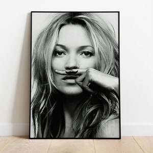 Kate Moss Moustache Print, Black and White, Vintage Poster, Teen Girl ...