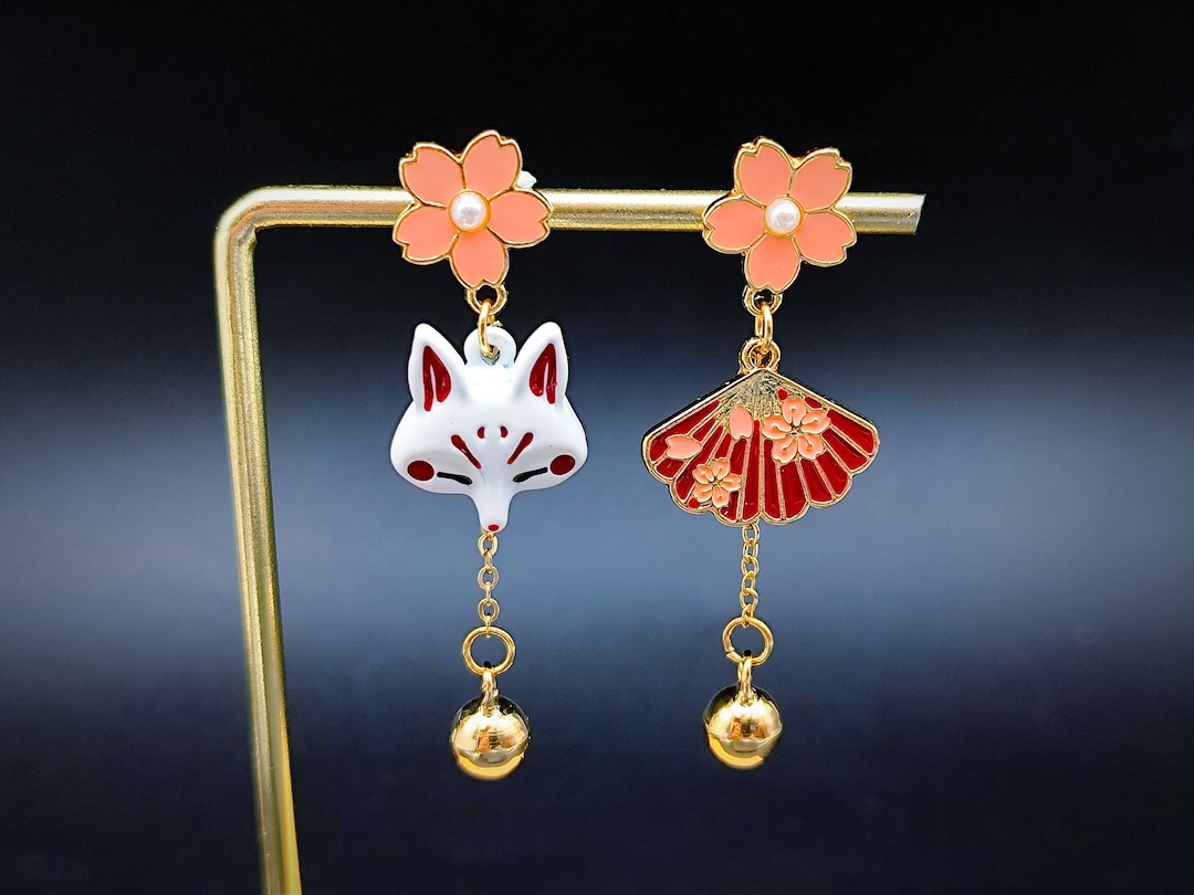 Asymmetrical Kitsune Earrings, Japanese Fox Mask Design, Dangling With ...