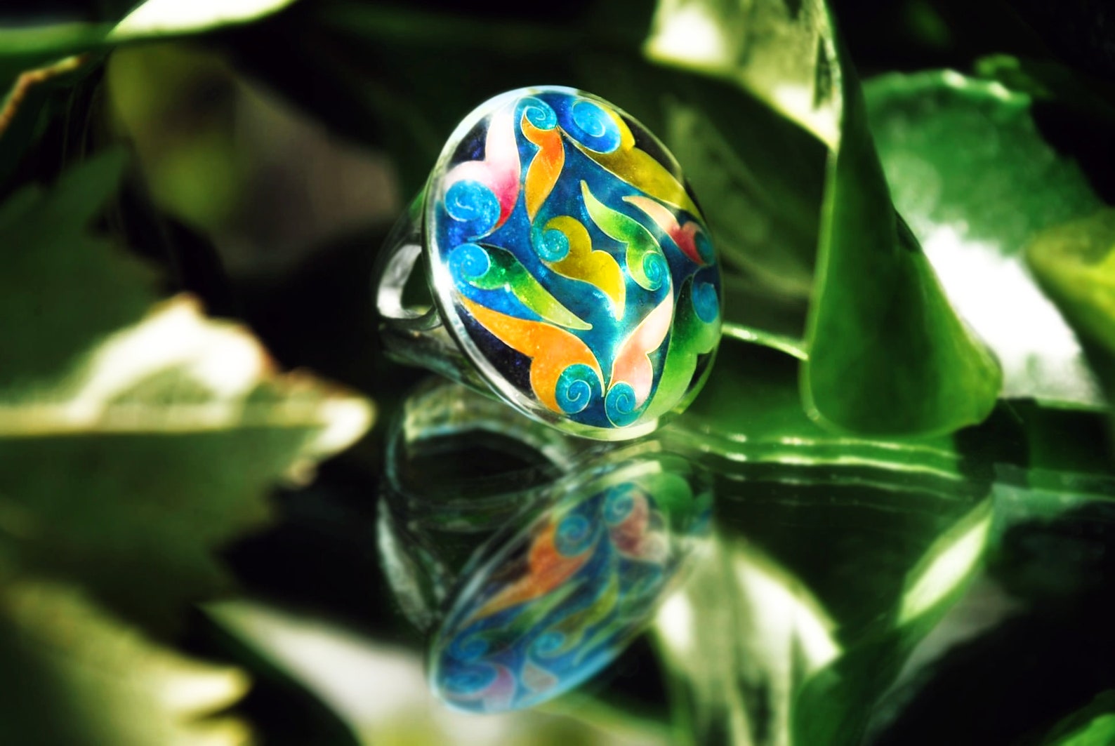 Unique Silver Big Round Ring Enamel Ring Sterling Silver Floral Ring ...