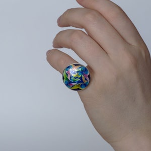 Unique Silver Big Round Ring Enamel Ring Sterling Silver Floral Ring ...