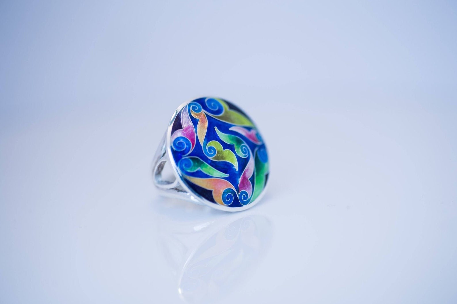 Unique Silver Big Round Ring Enamel Ring Sterling Silver Floral Ring ...