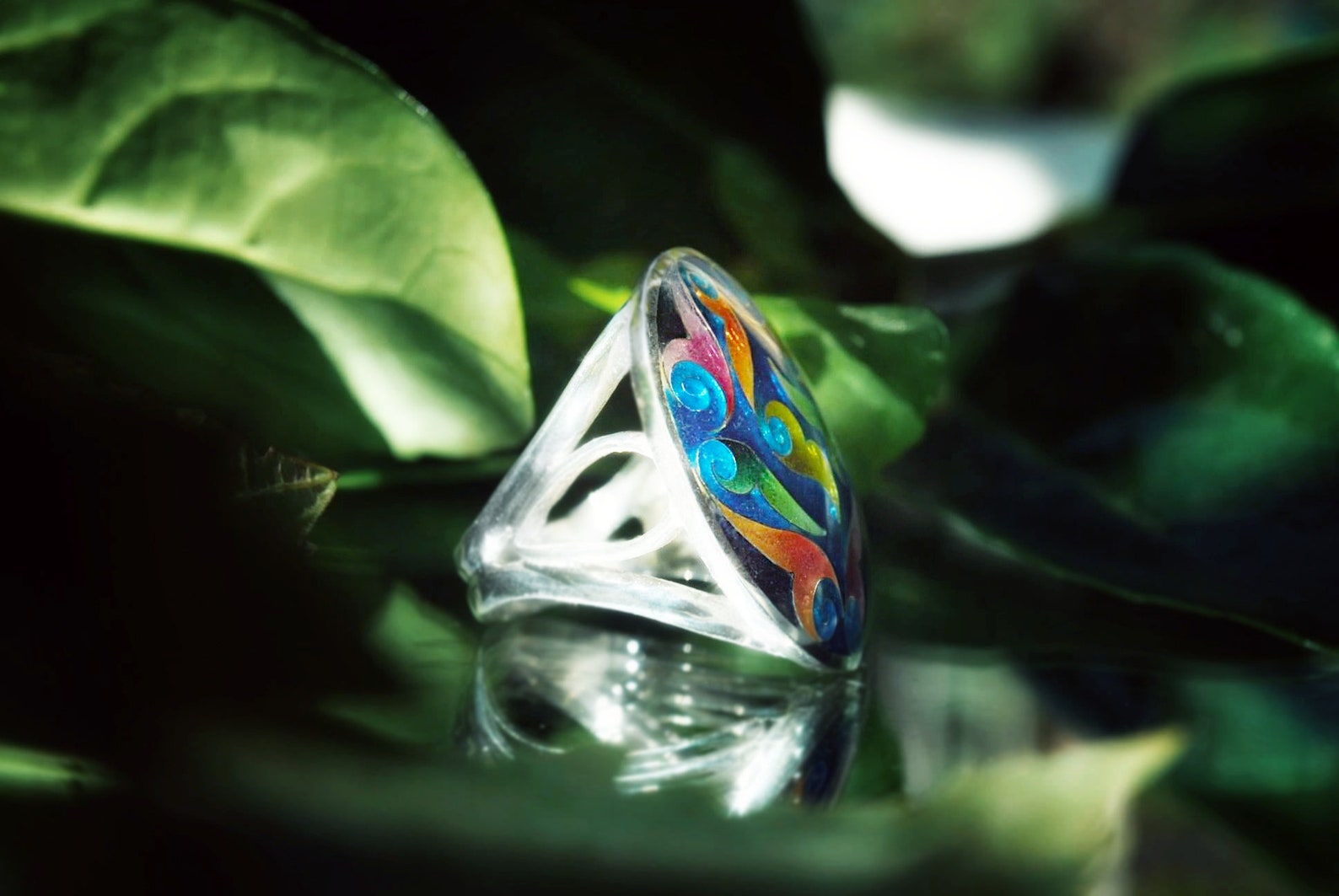 Unique Silver Big Round Ring Enamel Ring Sterling Silver Floral Ring ...