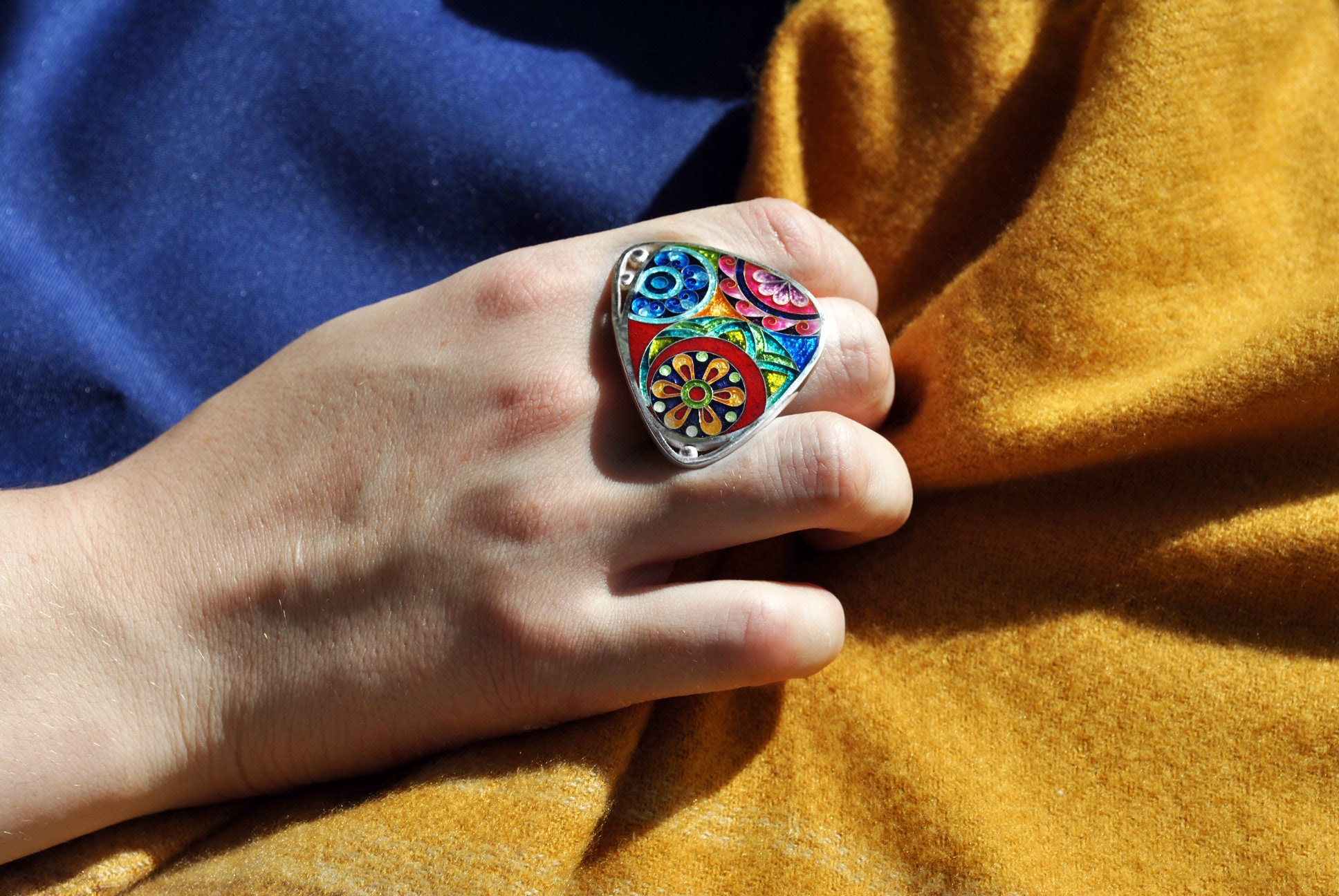 Unique Sterling Silver Enamel Ring Silver Floral Ring Inlay - Etsy