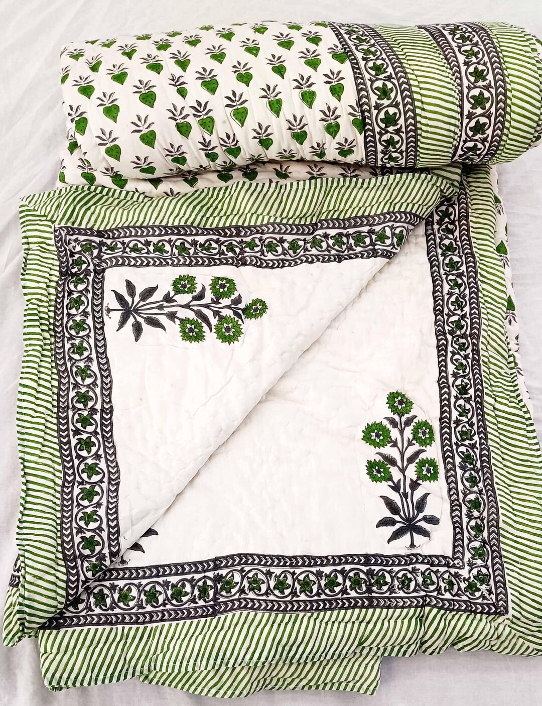 100% Cotton New Design Green Color Jaipuri Block Print Quilt Printed ...