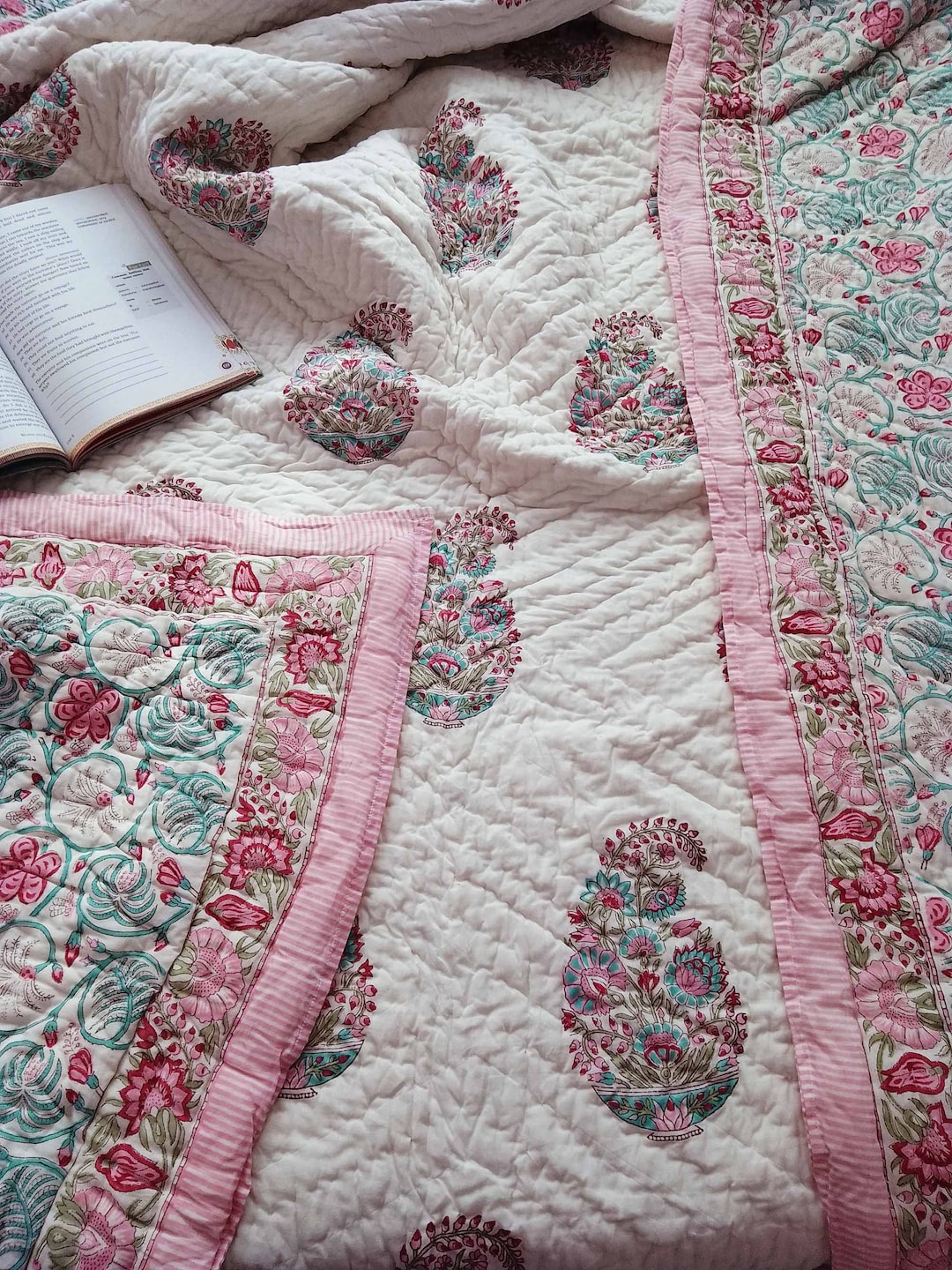 Indian Block Print Quilt: Handmade Cotton Floral Bedspread (king Size ...