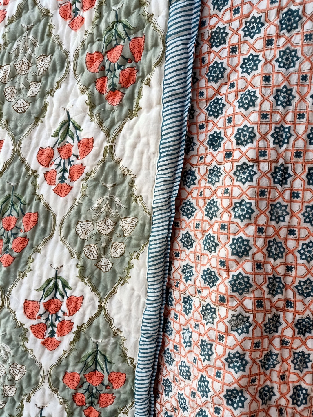 Hand Block Printed Cotton Quilt| Reversible Floral Bedspread| Jaipuri ...