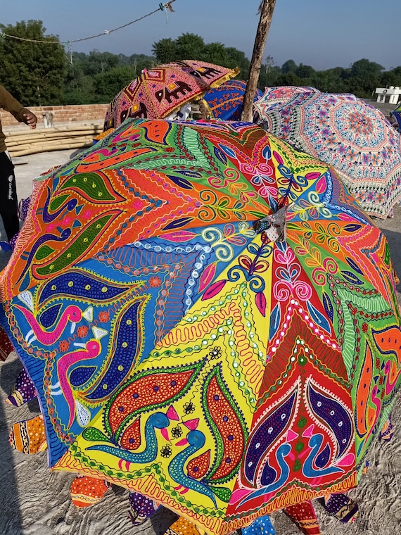 Indian Peacock Vintage Garden Decorative Large Umbrella Sun Shade Cotton Outdoor Parasol Designer Embroidered Cotton Garden Umbrella Parasol Etsy UK