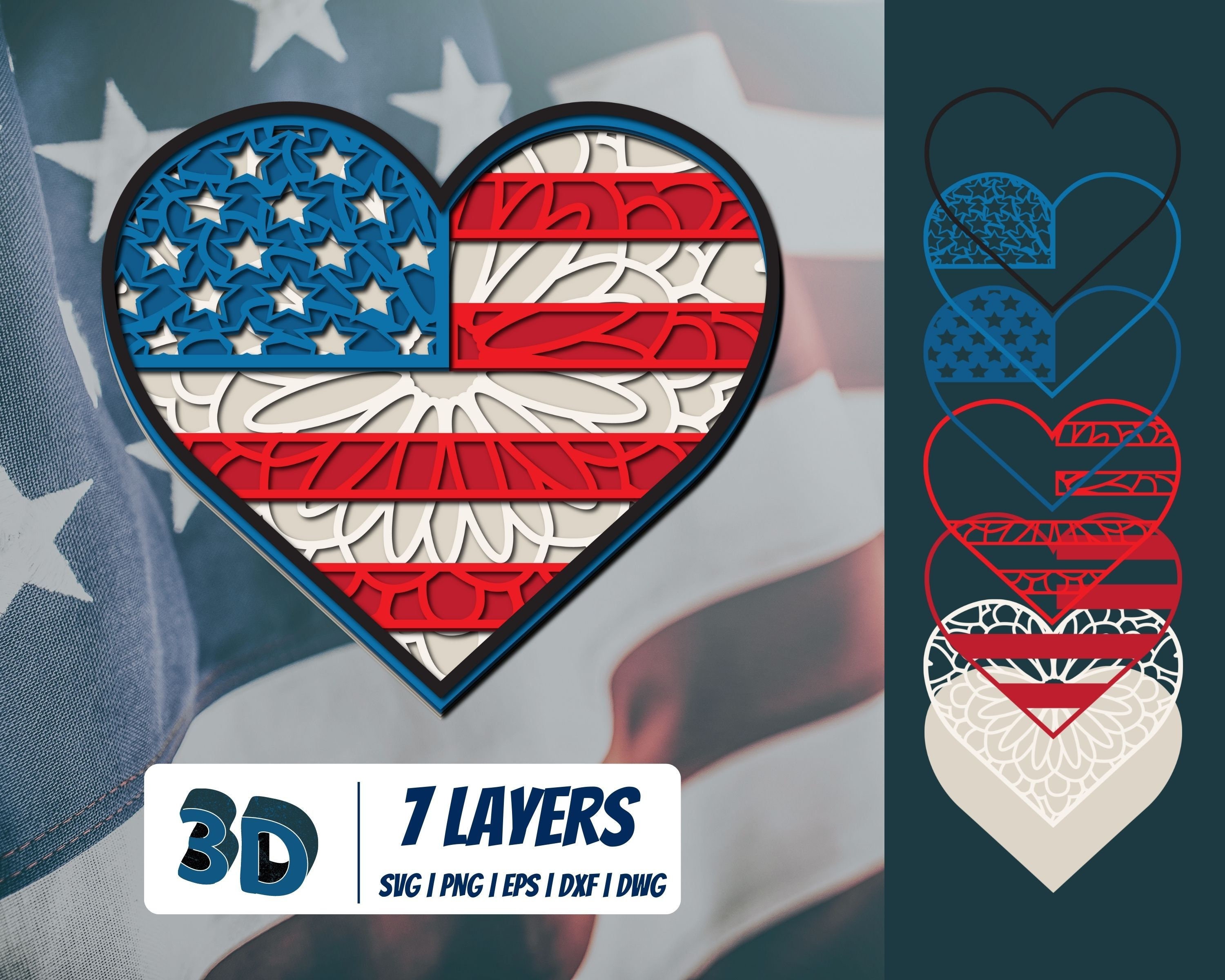 3D Patriotic Heart SVG Layered SVG Cut Files Instant - Etsy