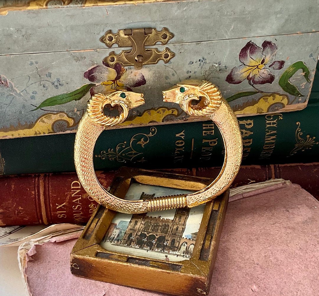 Ram Vintage Avon Kenneth J Lane Gold Rams Head Hinged Bracelet Green ...