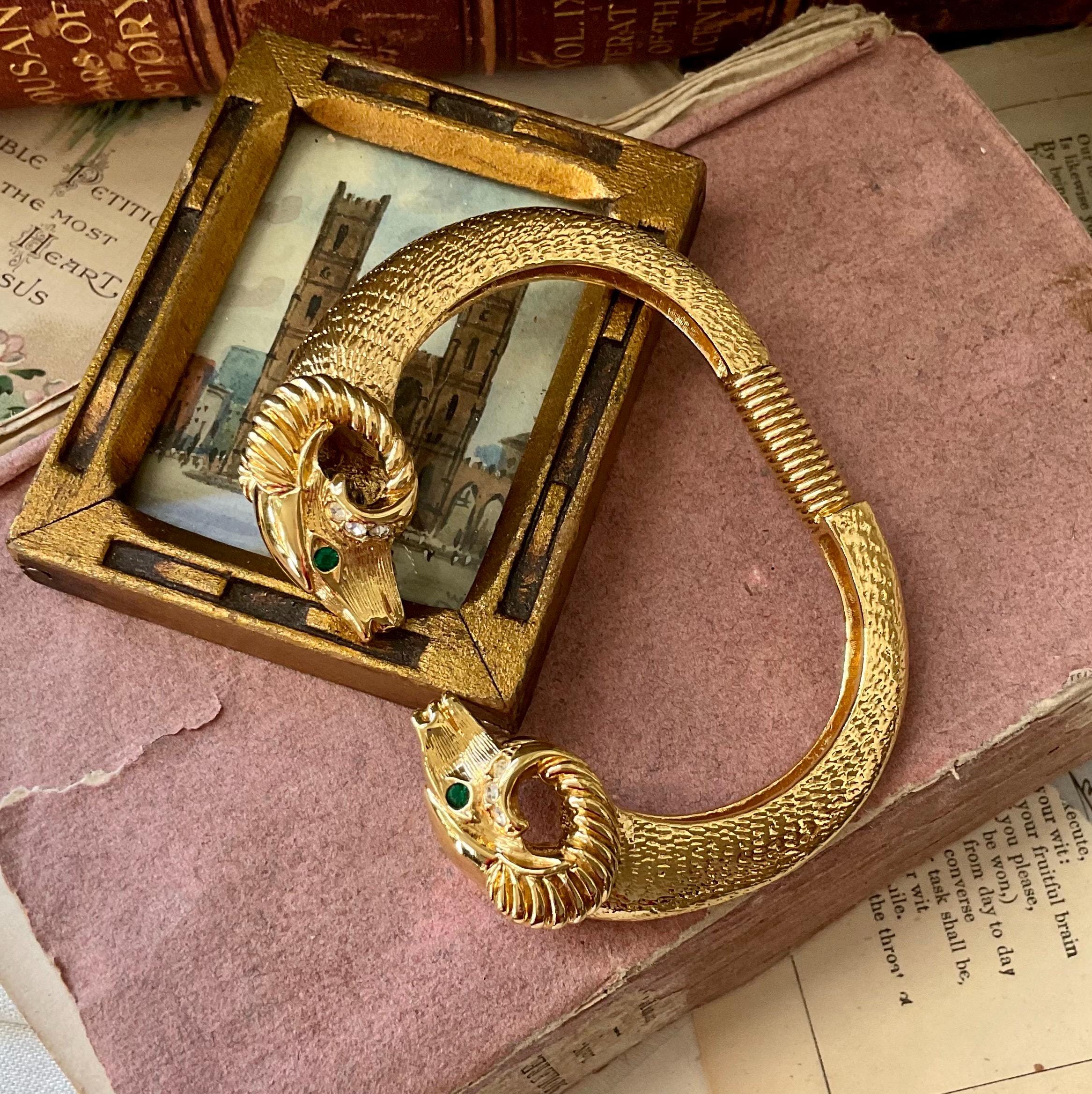 Ram Vintage Avon Kenneth J Lane Gold Rams Head Hinged Bracelet Green ...