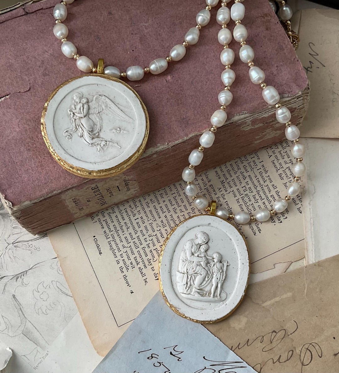 Intaglio- Vintage Looking Plaster Intaglio Pendant Necklace With Gold ...