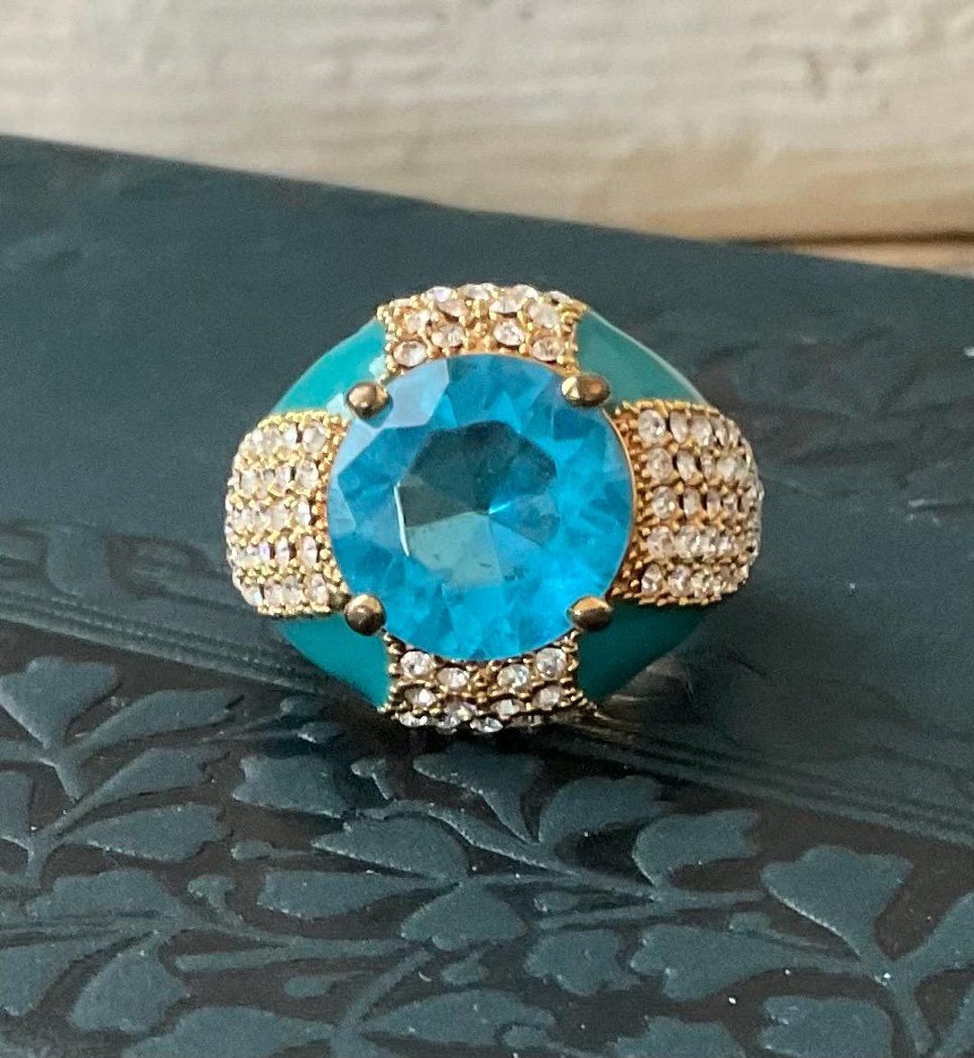 Ring 10- Vintage Uncas Gold Tone Aqua Pave Crystal Cocktail Ring With ...