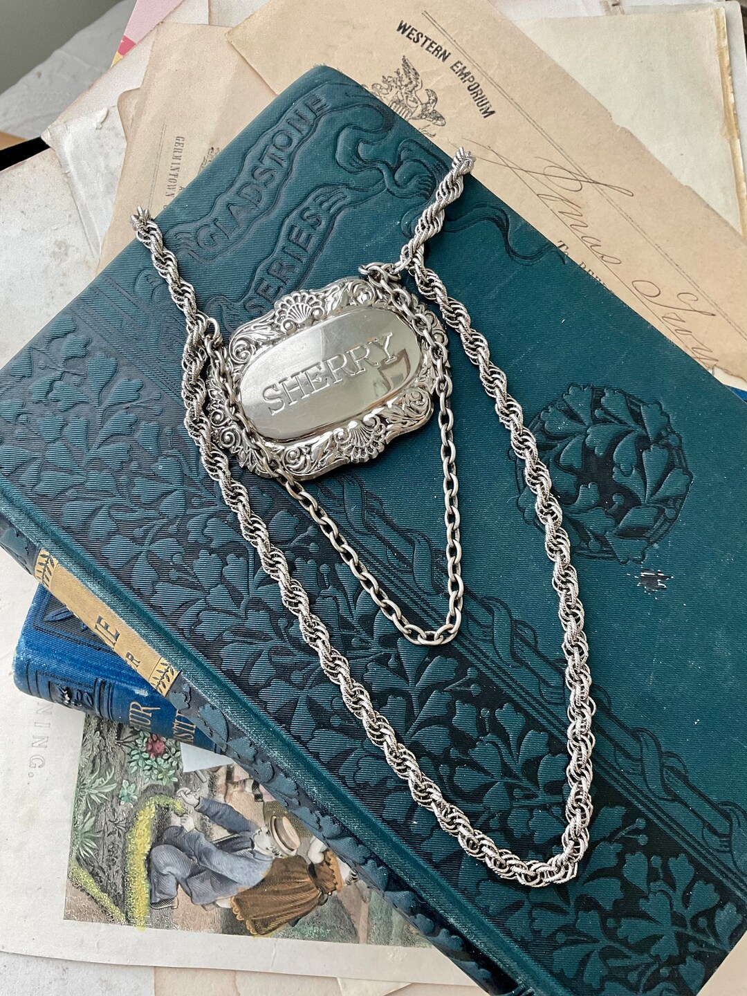 Vintage Silverplate Sherry Tag Necklace – Repousse Liquor Label Pendant ...