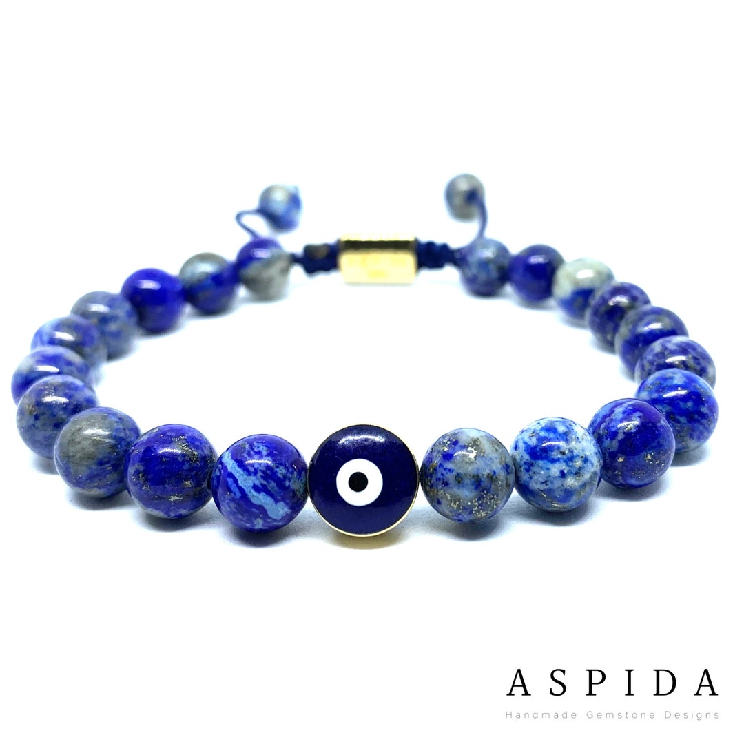 Real Lapis Lazuli Evil Eye Gemstone Crystal Bracelet, Bracelet for Men ...