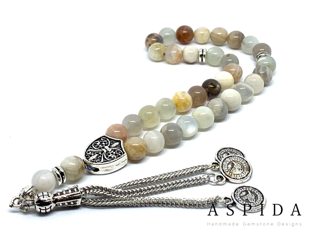 Real Marble Moonstone Natural Crystal Gemstone Personalized Tasbih 33 ...