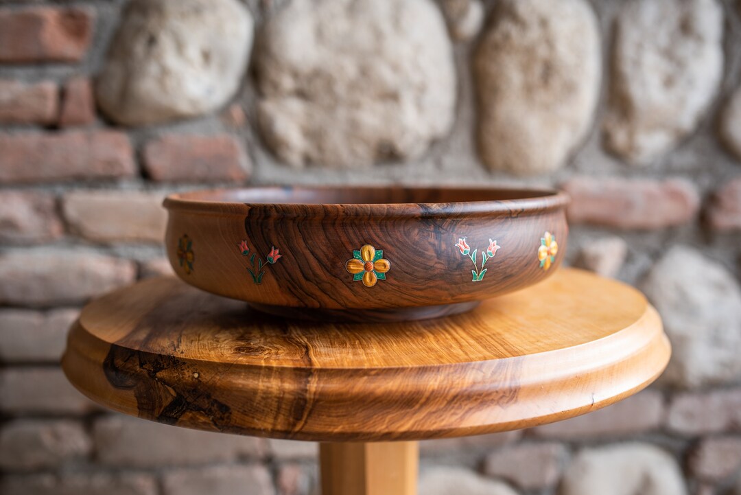 Walnut Bowl, Bowl, Wood Inlay,flowers, Hand Carved Wooden Bowl ...