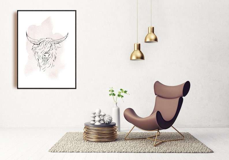 Abstract Highland Cow Line Art Watercolor - Art Print - Wall Art - Home ...