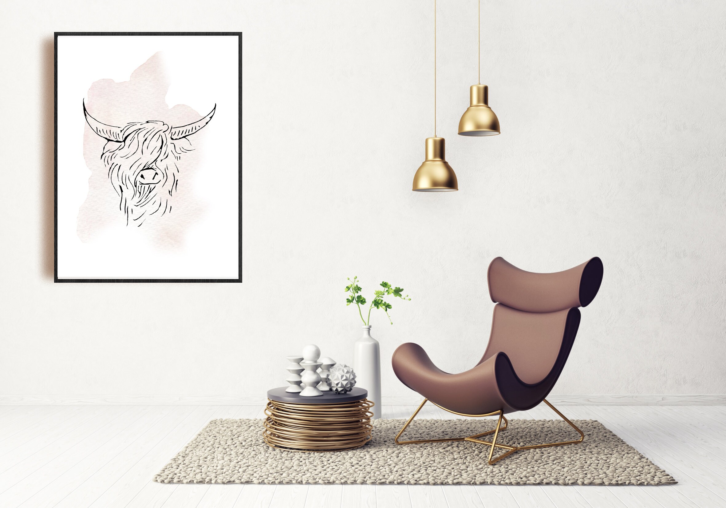 Abstract Highland Cow Line Art Watercolor - Art Print - Wall Art - Home ...