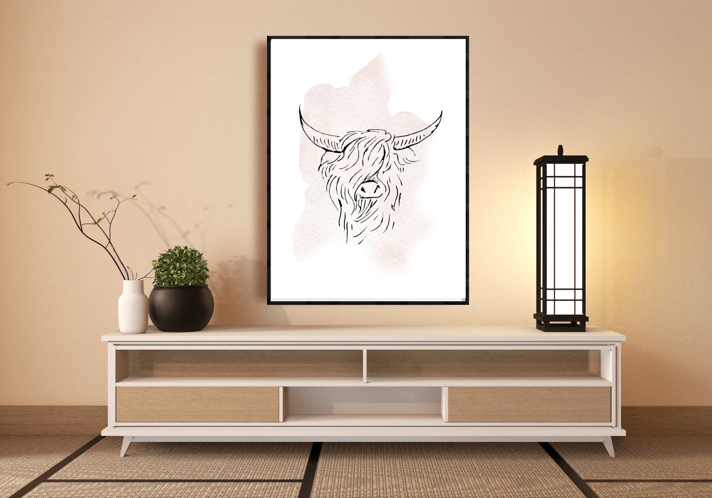 Abstract Highland Cow Line Art Watercolor - Art Print - Wall Art - Home ...