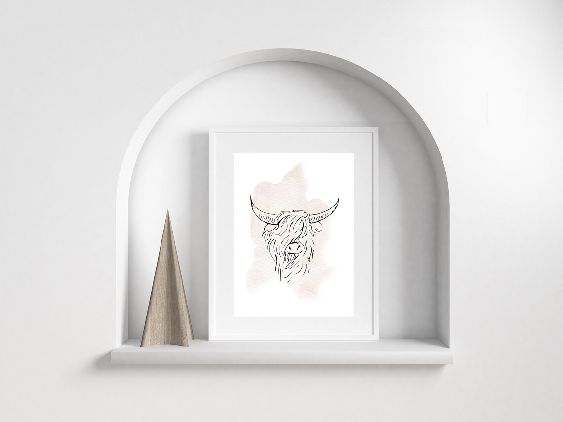 Abstract Highland Cow Line Art Watercolor - Art Print - Wall Art - Home ...