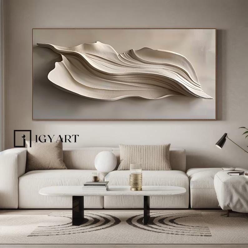 Hand-painted Wood Carving Wall Art: Beige Grey 3D Textured Sculpture - Etsy