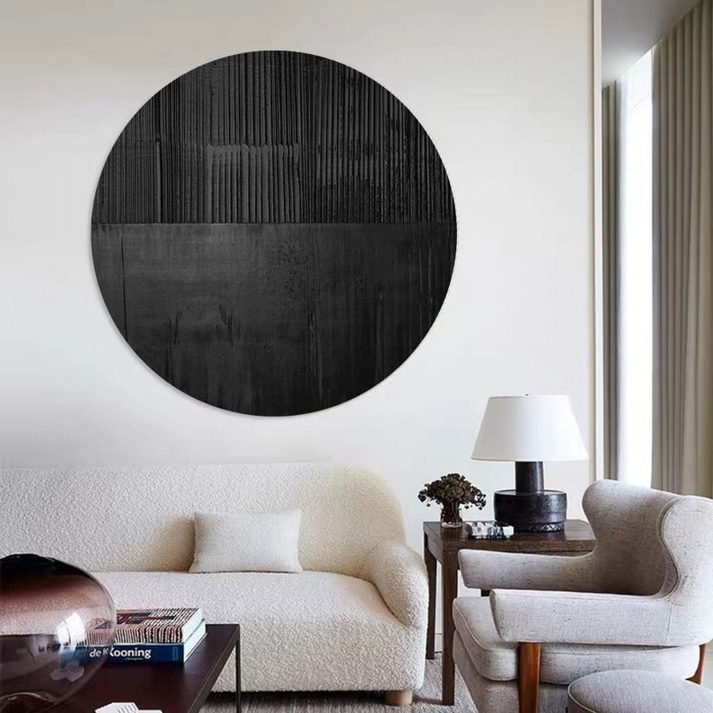Large Black Circle Abstract Painting, Textured Minimalist Art - Etsy