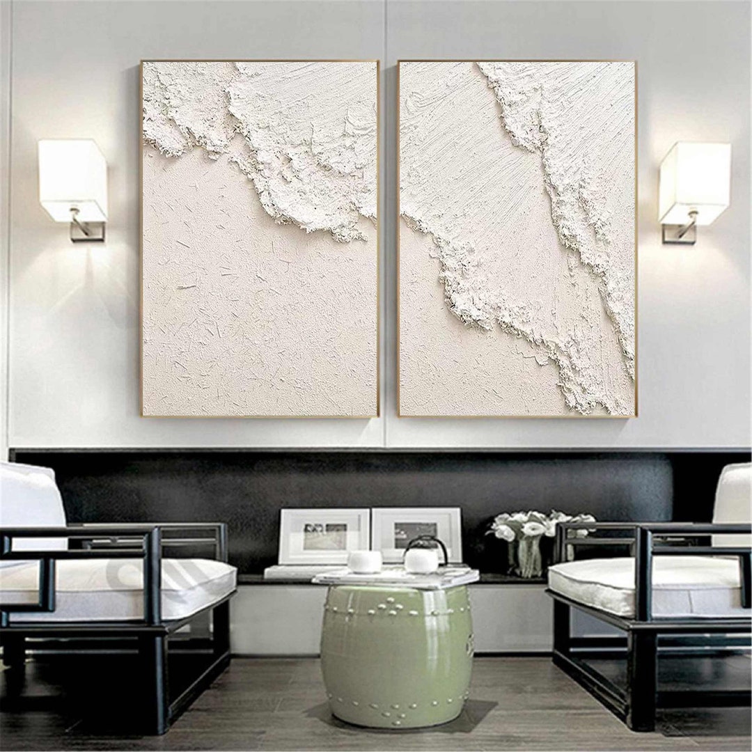 Set of 2 White Textured Wall Art Large White Waves Plaster Wall Art ...