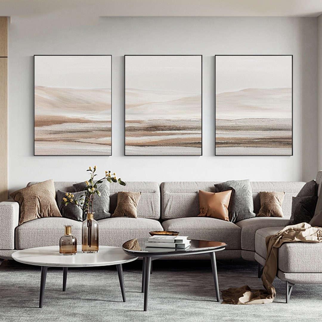 Set of 3 Beige Canvas Wall Art Set of 3 Beige Landscape Painting Set of ...
