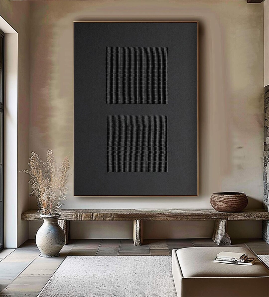 Large Black Painting Black Textured Wall Art Black Minimalist Art Black ...