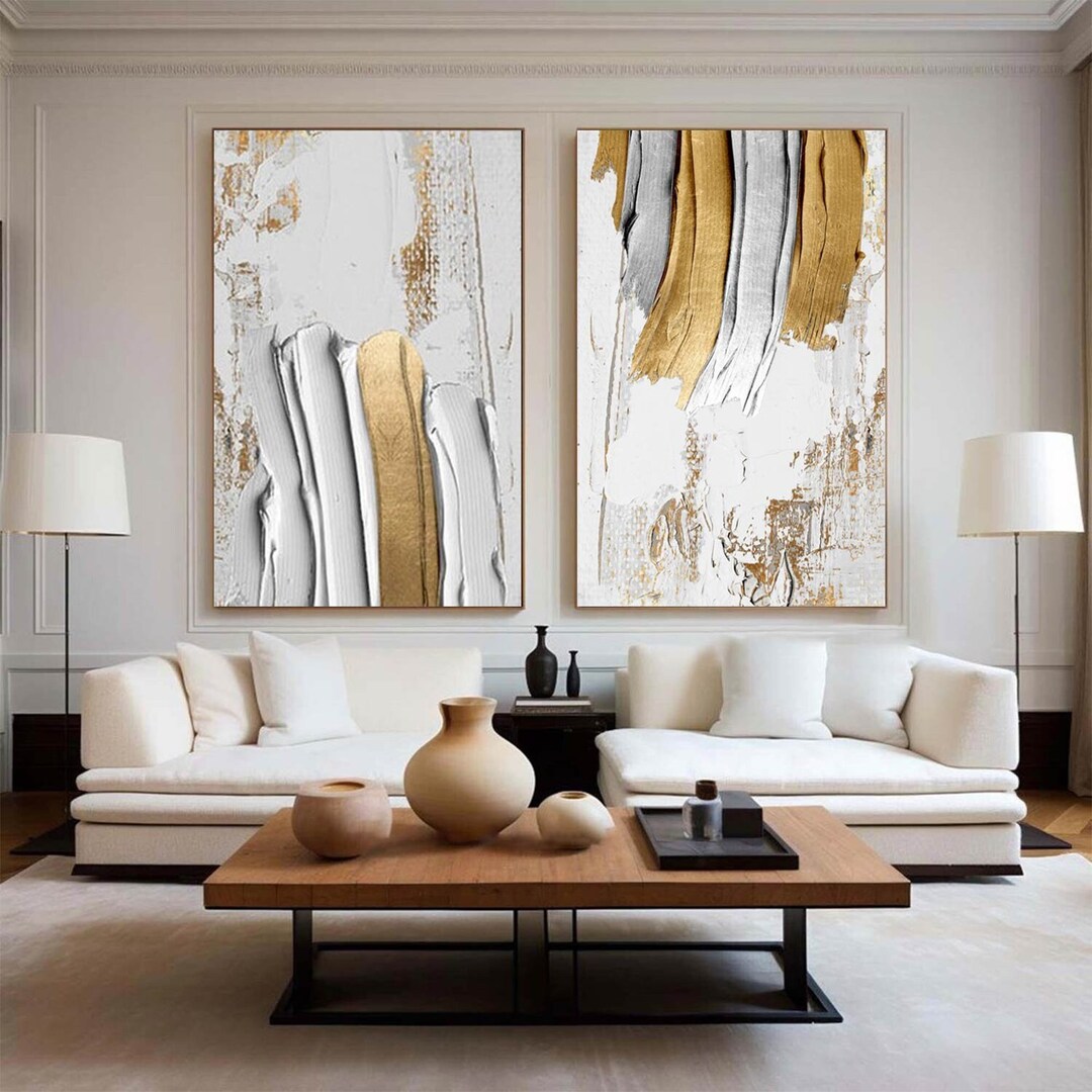 Set of 2 Gold 3d Wall Art Set of 2 Wall Art Gold White Painting Set of ...