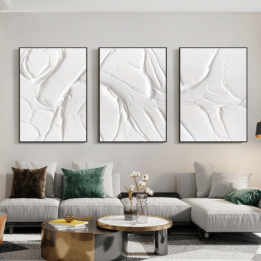 White Textured Wall Art White Abstract Painting Set of 3 White - Etsy