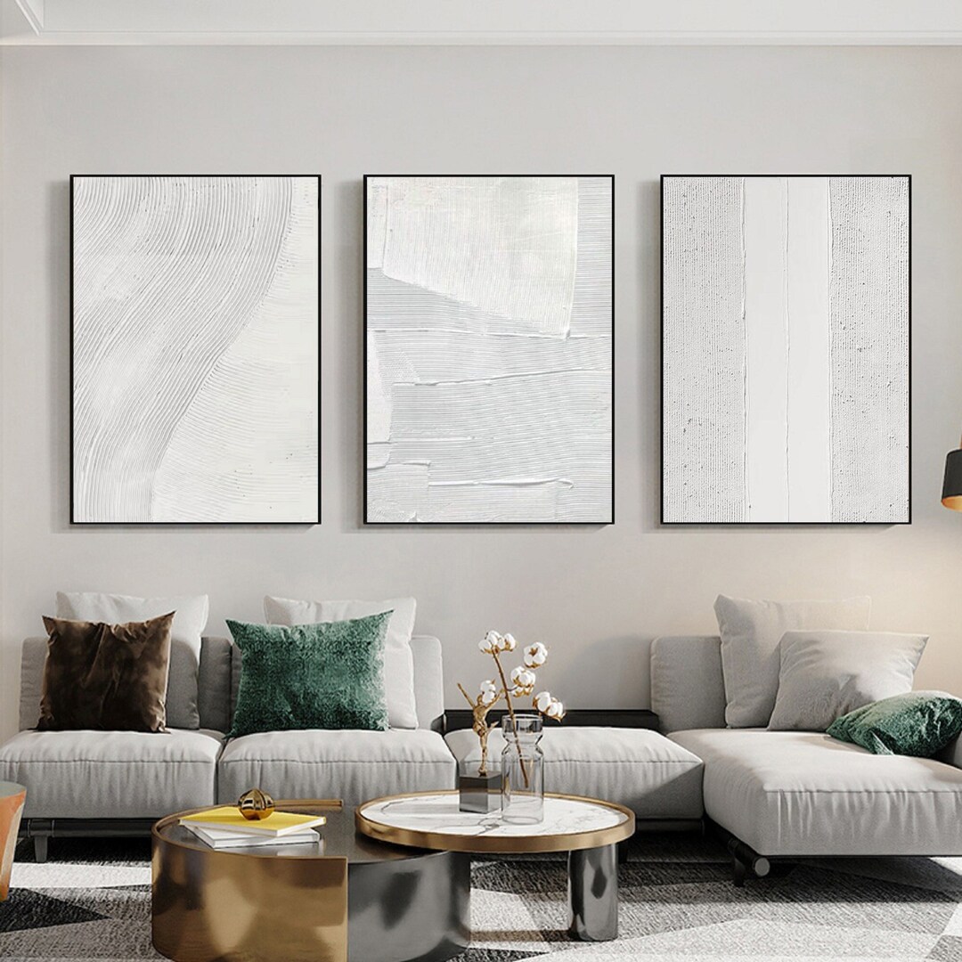 Set of 3 White Abstract Painting Set of 3 White Wabi-sabi Wall Art set ...