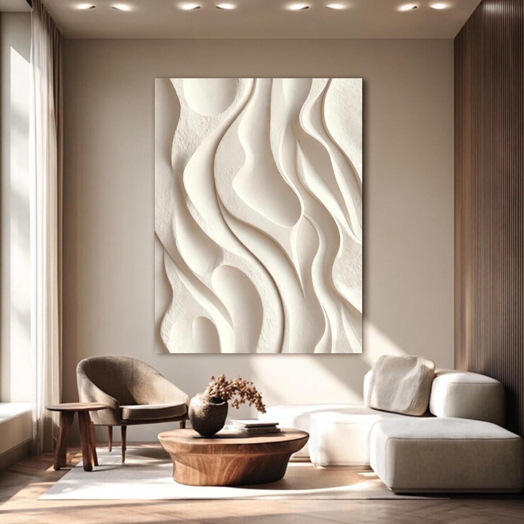 Hand-painted Wood Carving Wall Art White 3D Textured Wall Art Abstract ...