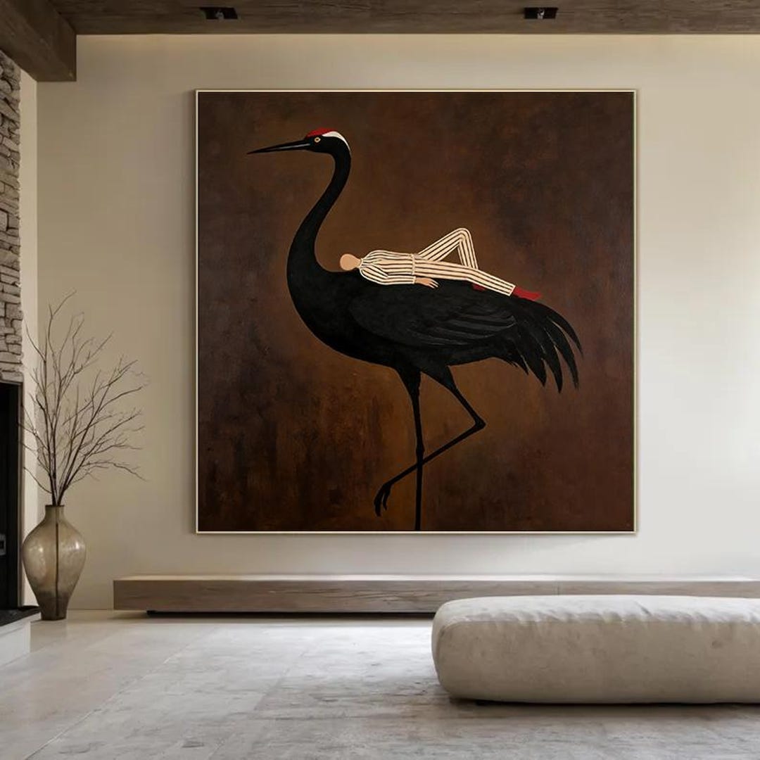 Red Crowned Crane Painting, Surrealist Folk Art, Earth Tones - Etsy