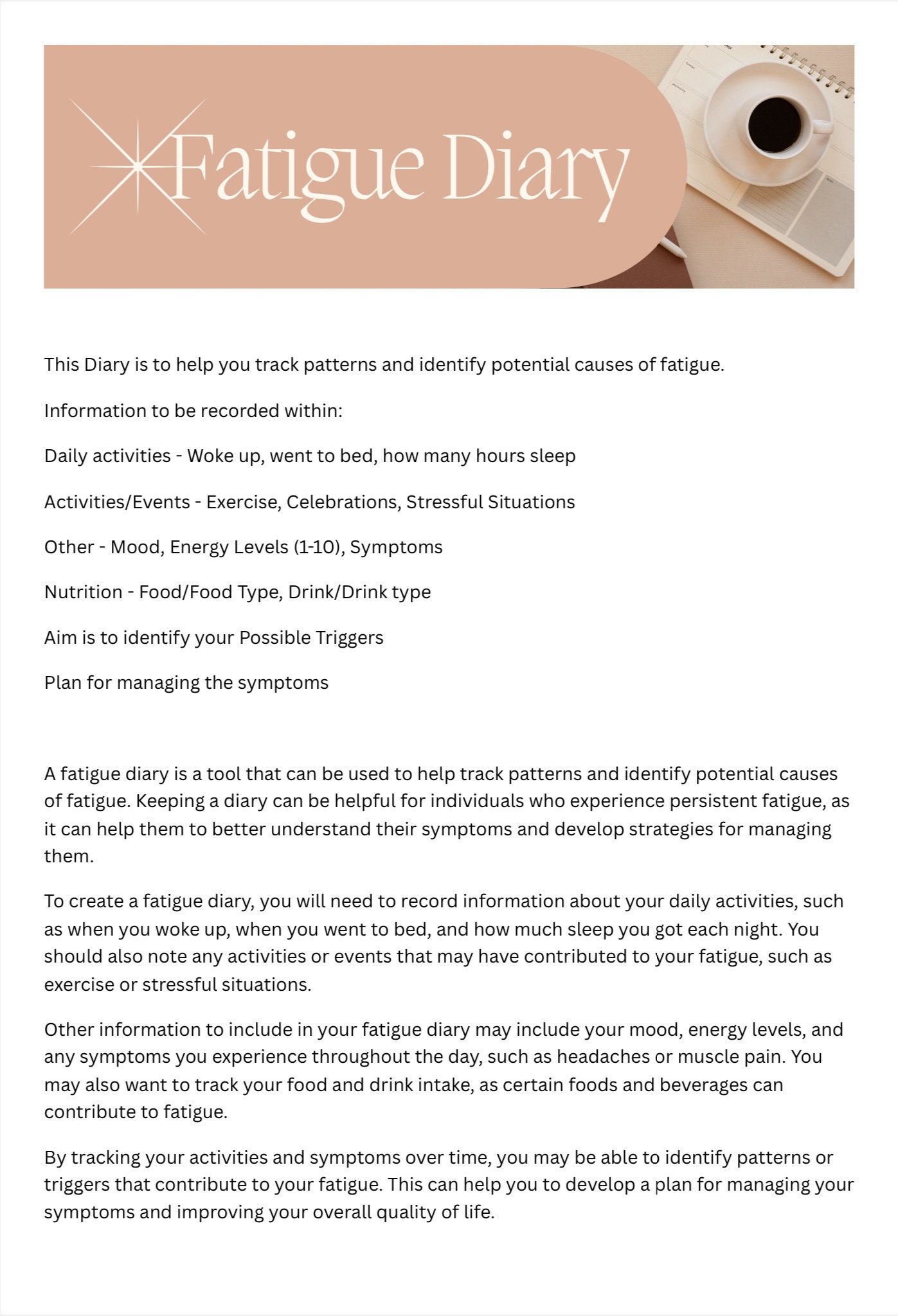 Fatigue Diary Template, Fatigue Management, Combat Fatigue, Chronic ...